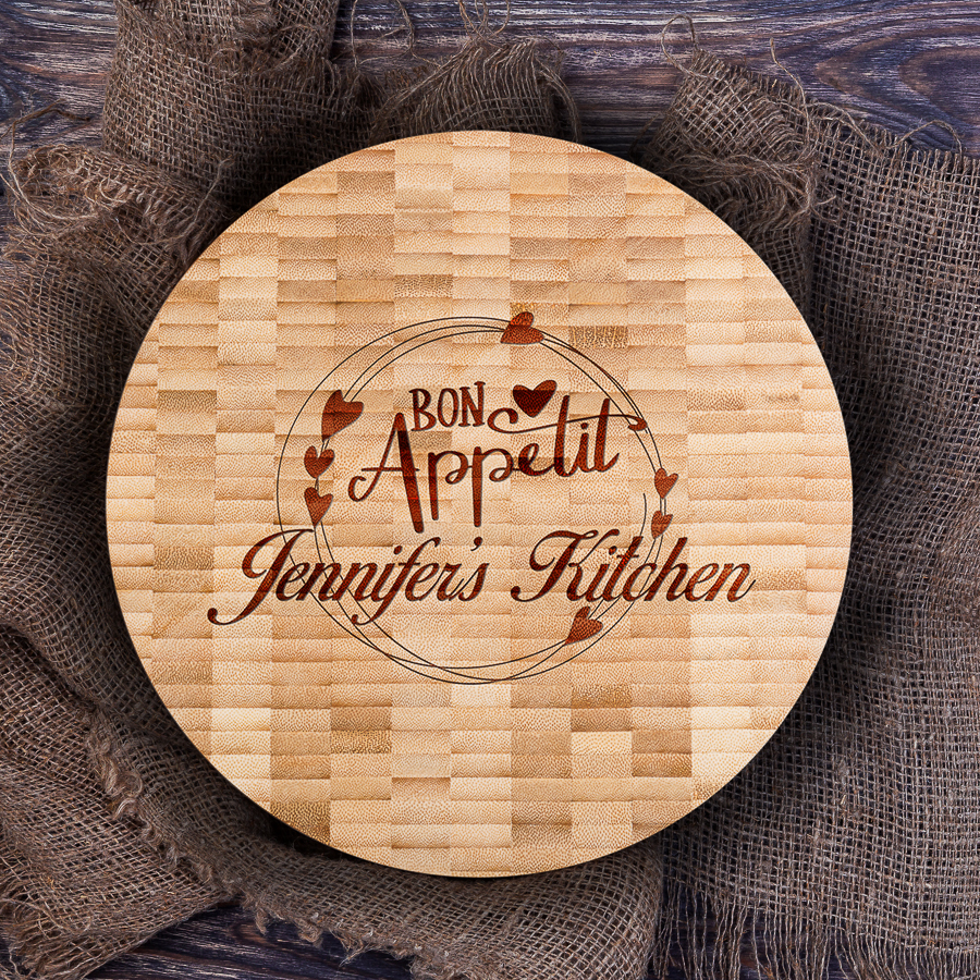 Personalized Bamboo Round Butcher Block Serving Board - Bon Appetit Design