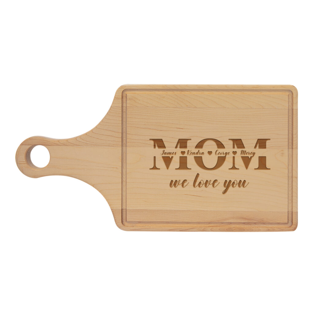 Custom Mother's Day Design Maple Cutting Board Paddle Shape with Drip Ring