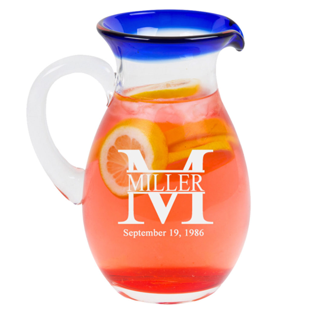 Personalized Pitcher with Cobalt Blue Rim - Miller Design